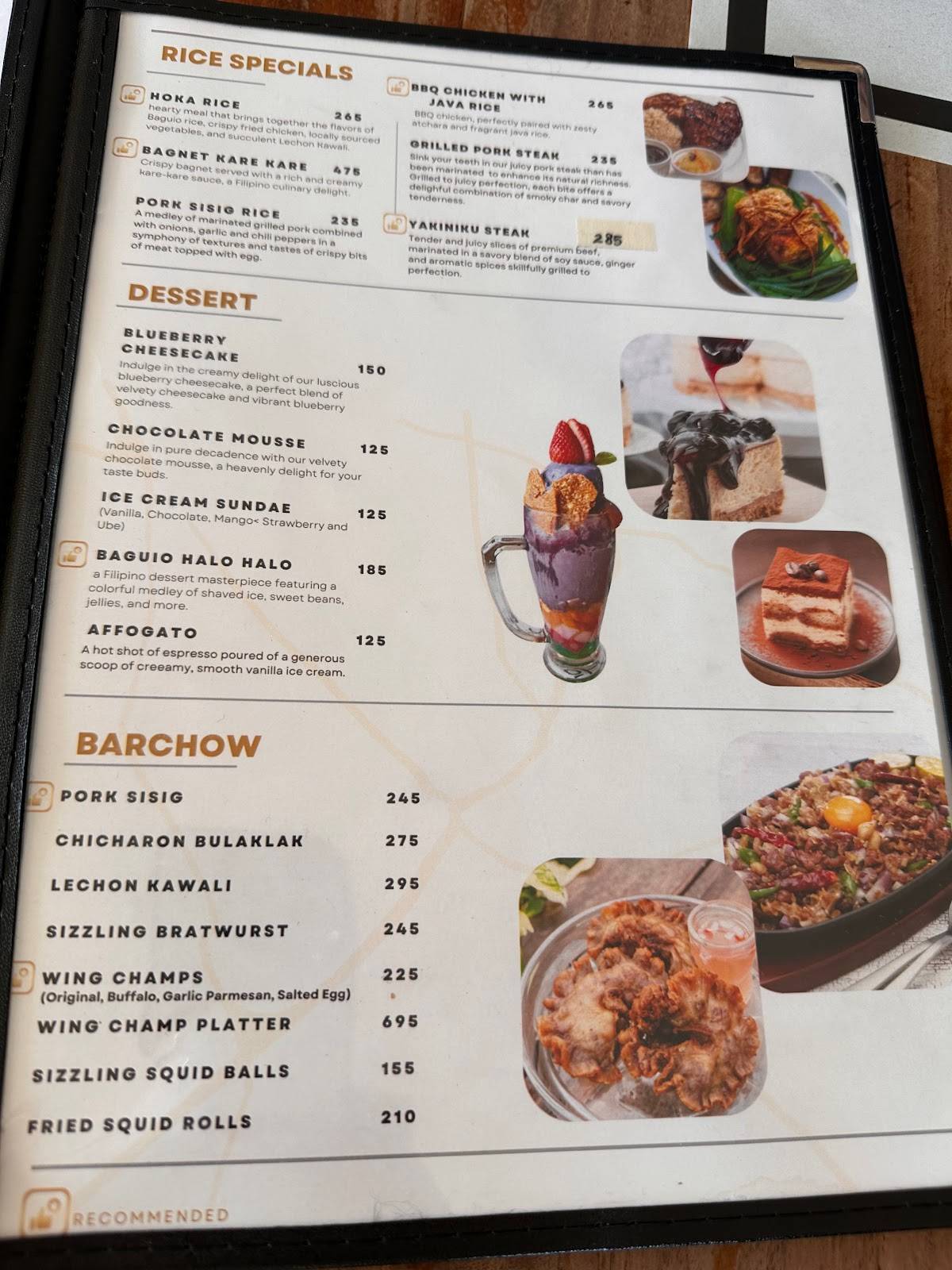 Menu at Hoka Brew restaurant, Tuba, Ben Palispis Hwy