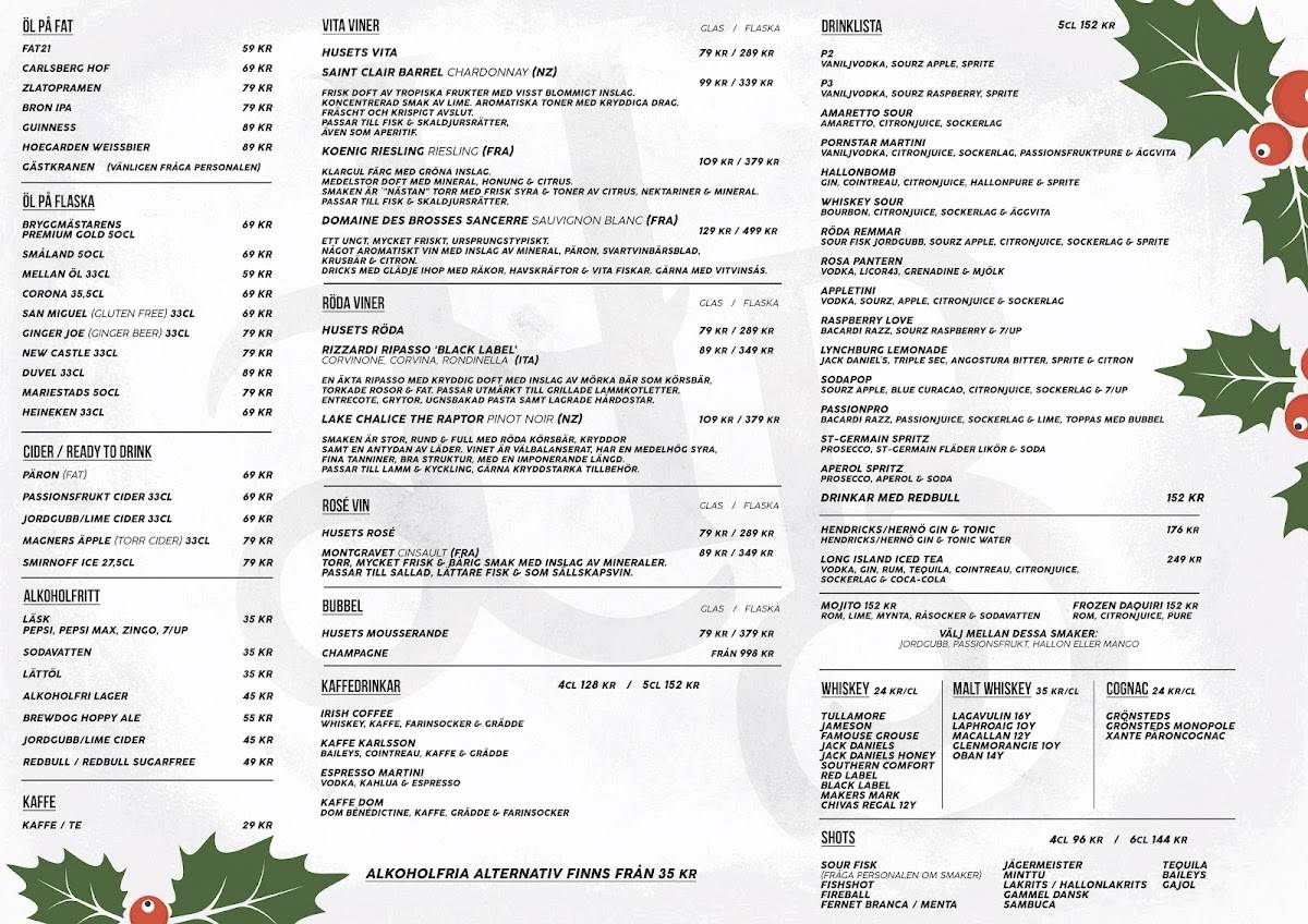 Menu at Holly Bush restaurant, Stockholm