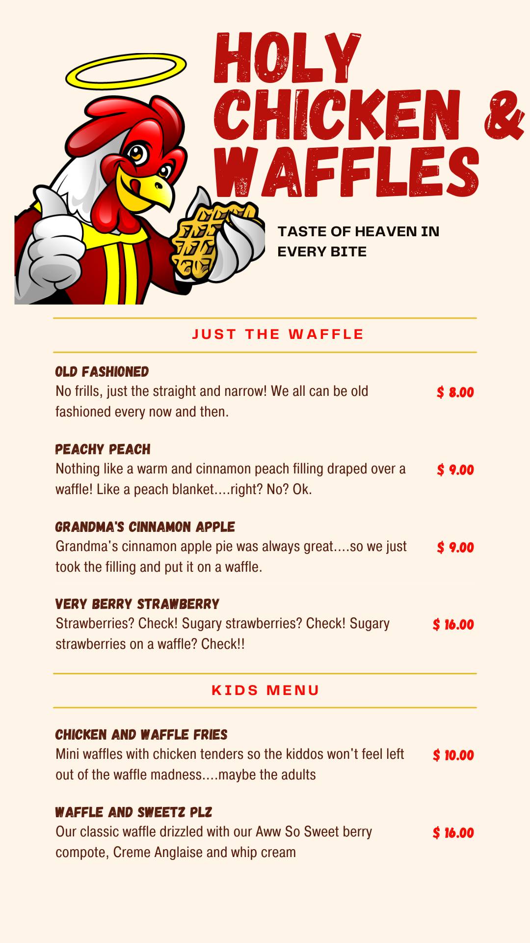 Menu at Holy Chicken and Waffles restaurant, Austin