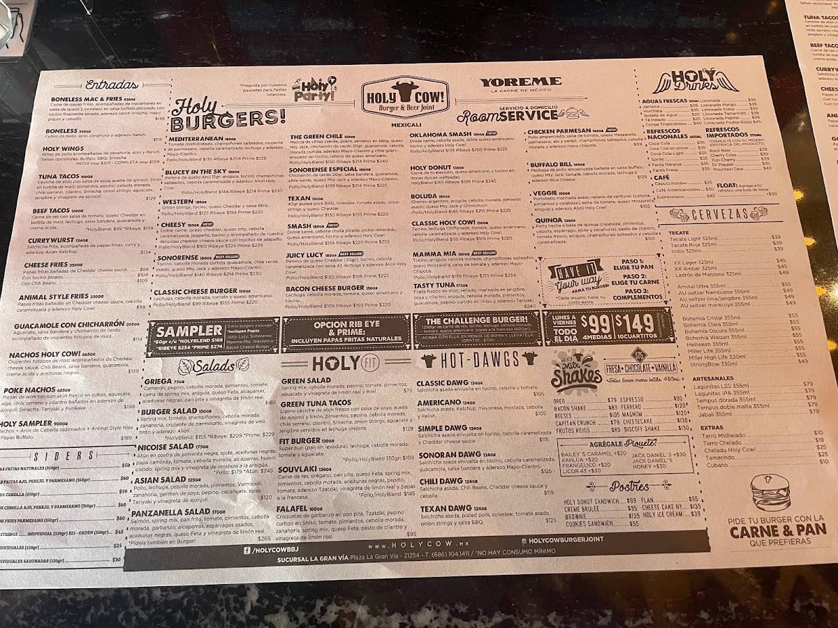 Carta del restaurante Holy Cow! Burger & Beer Joint - La Gran Vía, Mexicali