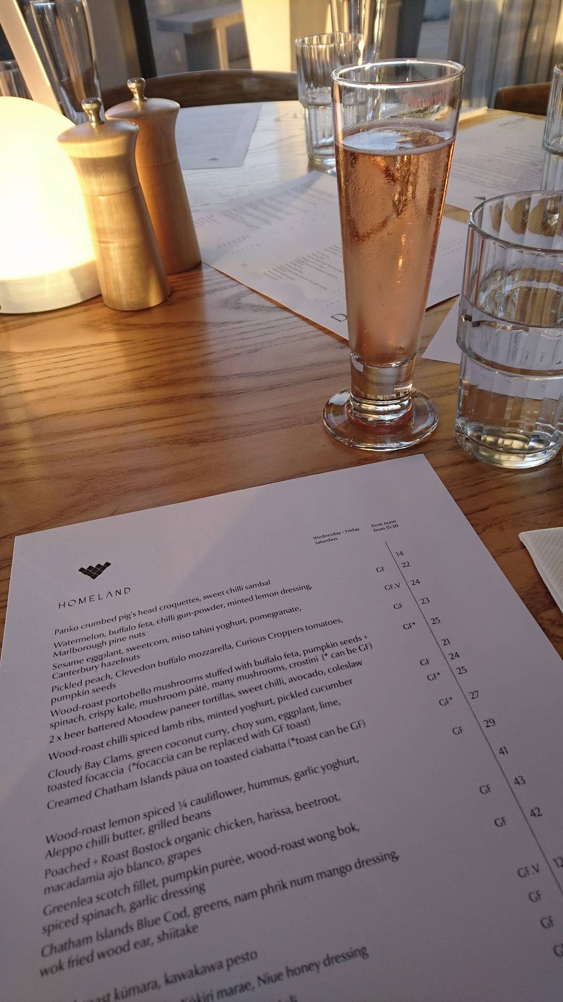 Menu at Homeland restaurant, Auckland