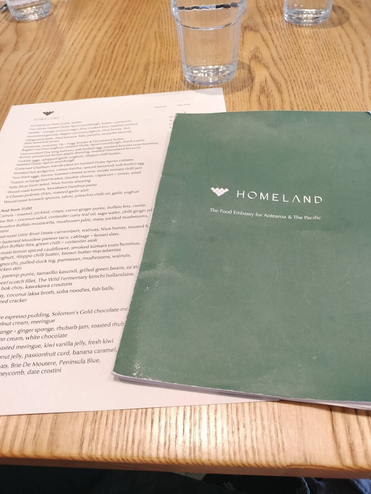 Menu at Homeland restaurant, Auckland