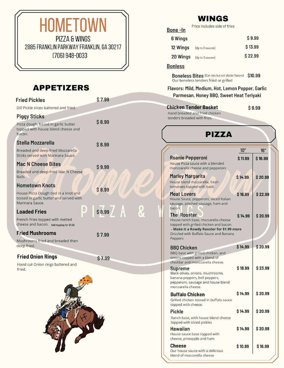 Menu at Hometown Pizza & Wings pizzeria, Franklin