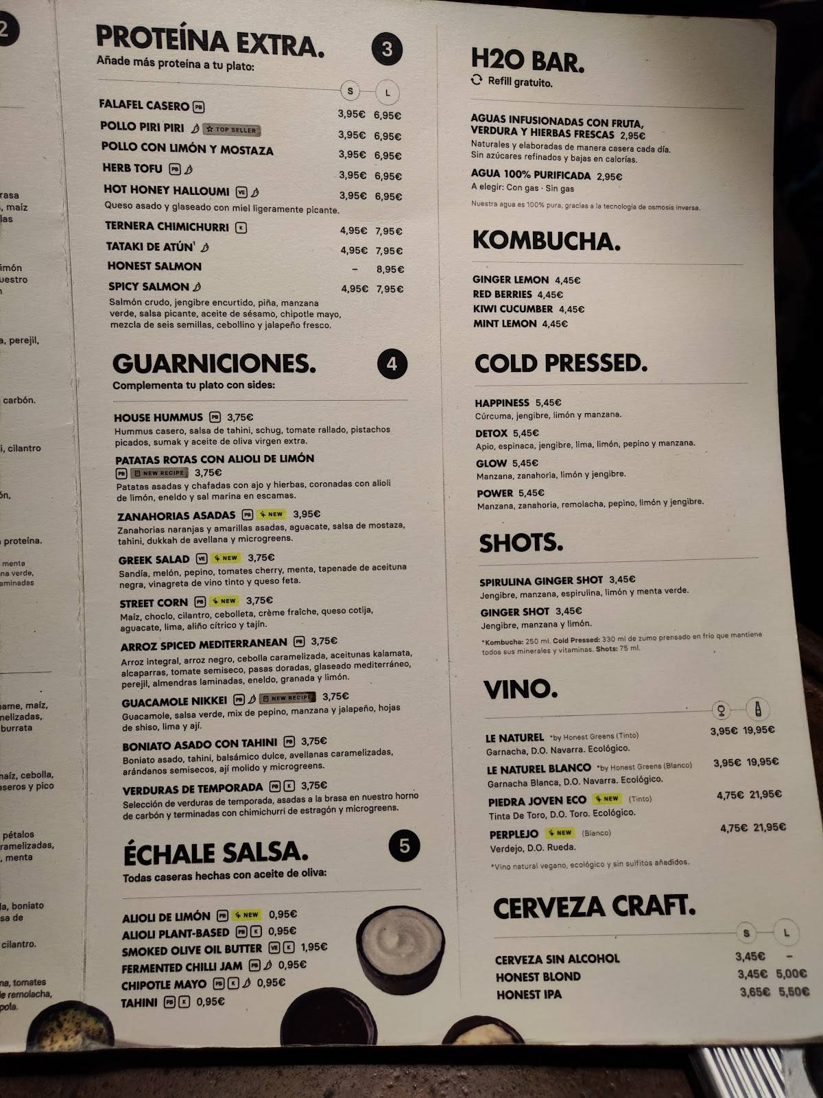 Carta de Restaurante Honest Greens, Madrid, C/ Gran Vía