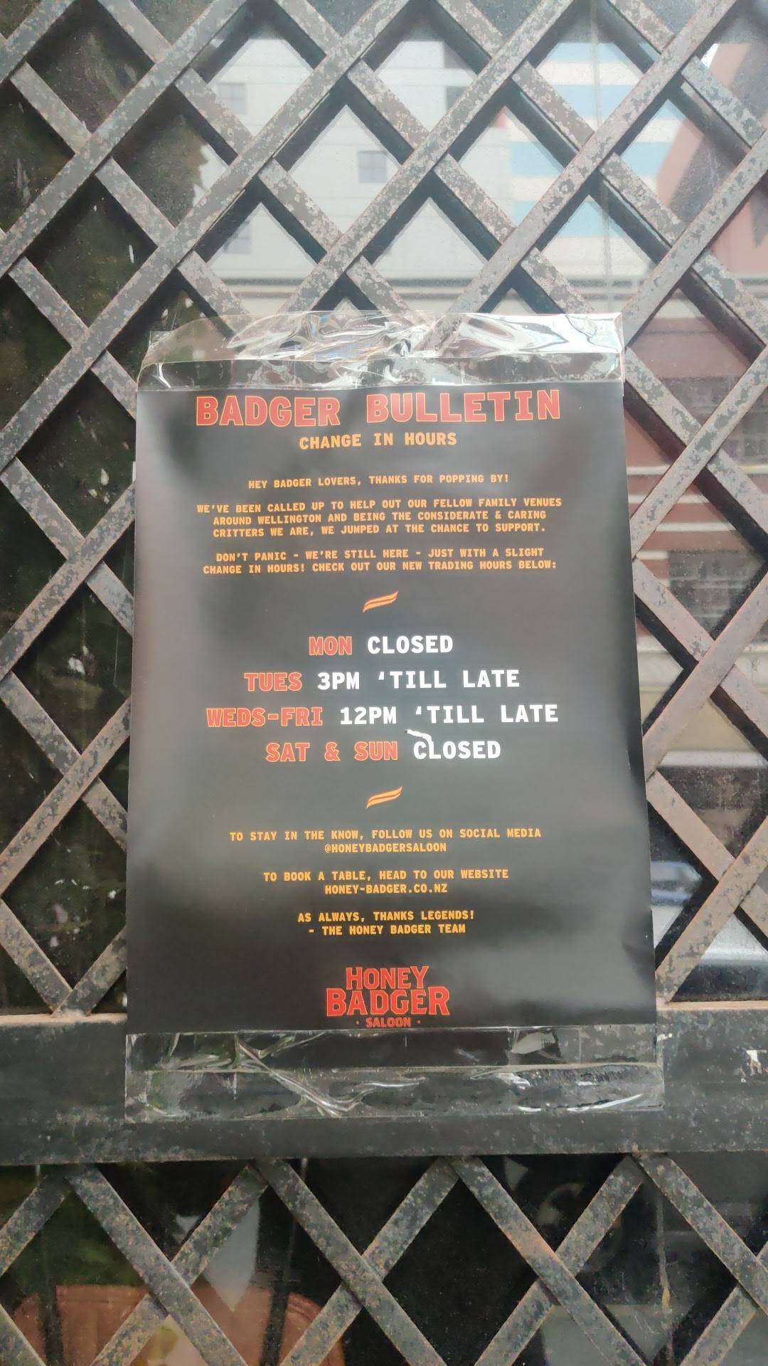 Menu at Honey Badger Saloon pub & bar, Wellington