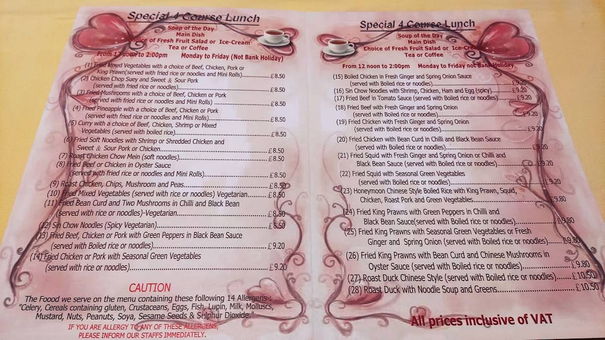 Menu at Honeymoon Chinese Restaurant, London, 84 Crown Ln