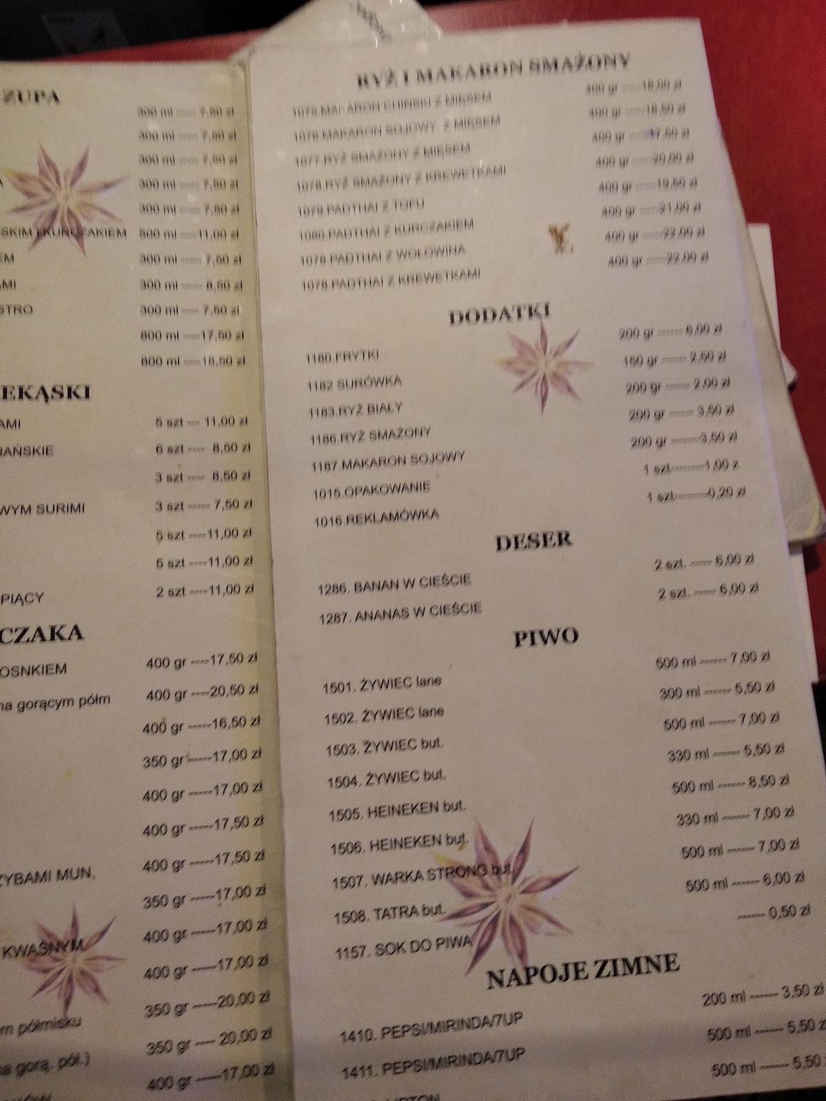 Menu at Hong Ha restaurant, Kraków, al. 29 Listopada 121