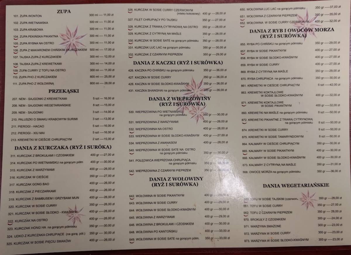 Menu at Hong Ha restaurant, Kraków, al. 29 Listopada 121