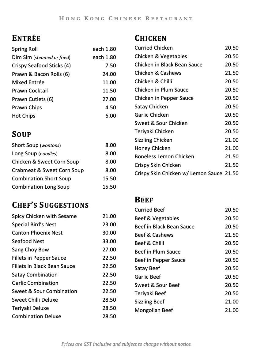 Menu at Hong Kong Chinese Restaurant, Temora