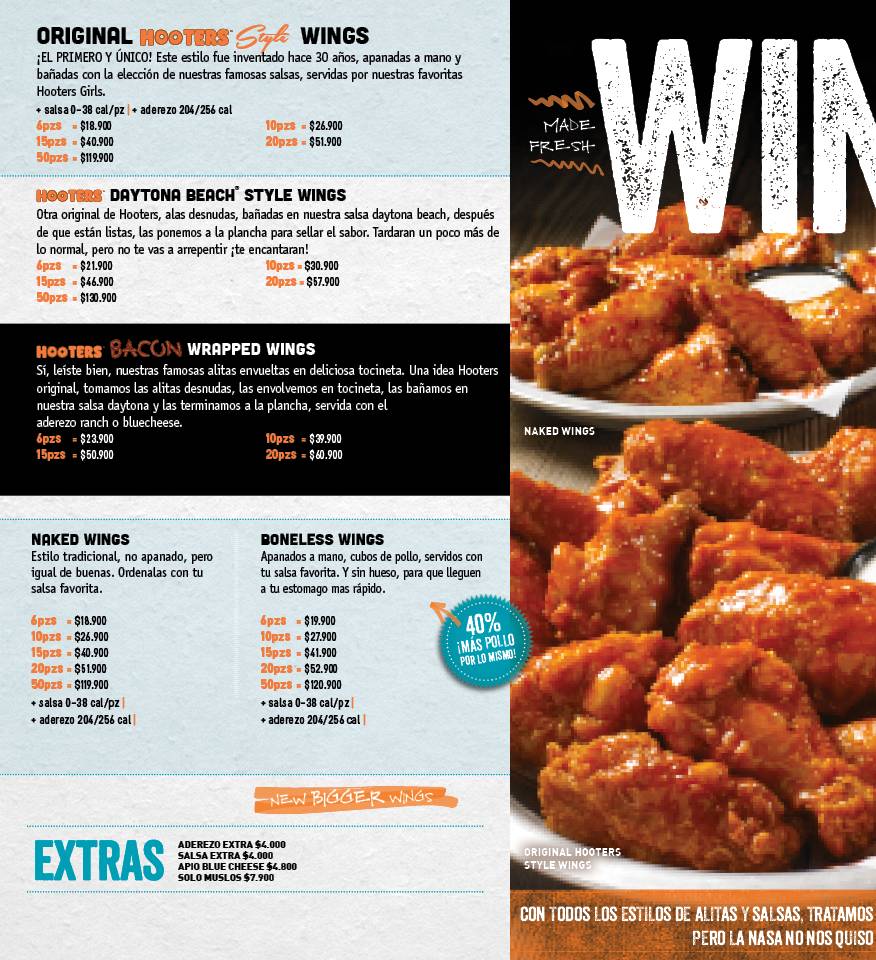 Menu at Hooters Salitre restaurant, Bogotá, Ac. 24 #51-40