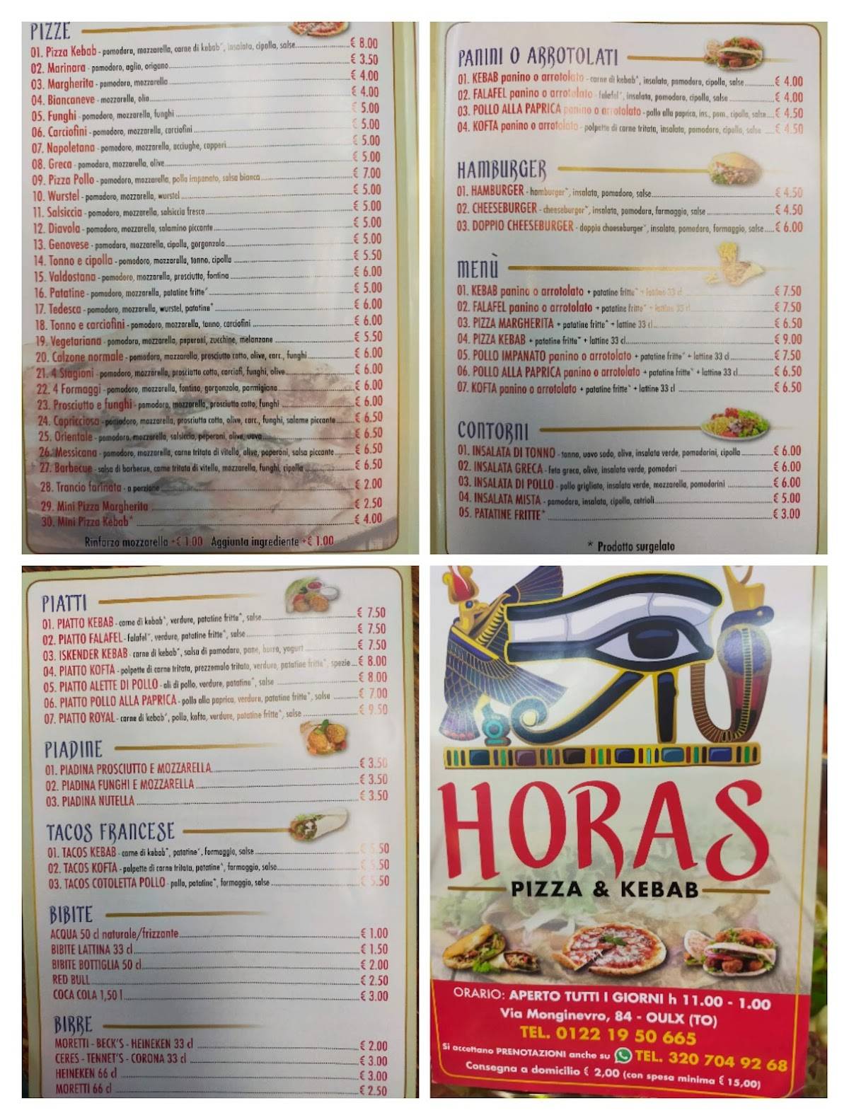 Menu au Horas Kebab pizza pizzeria, Oulx
