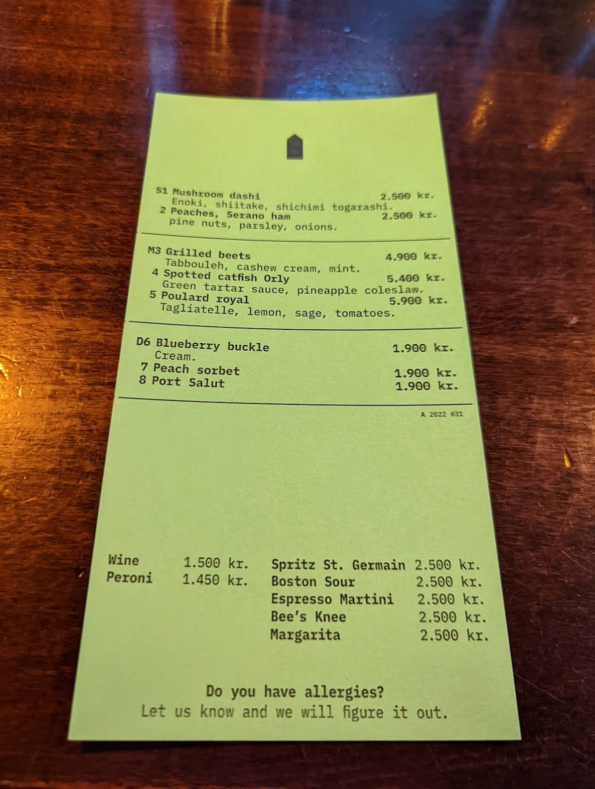 Menu at Hosiló restaurant, Reykjavík
