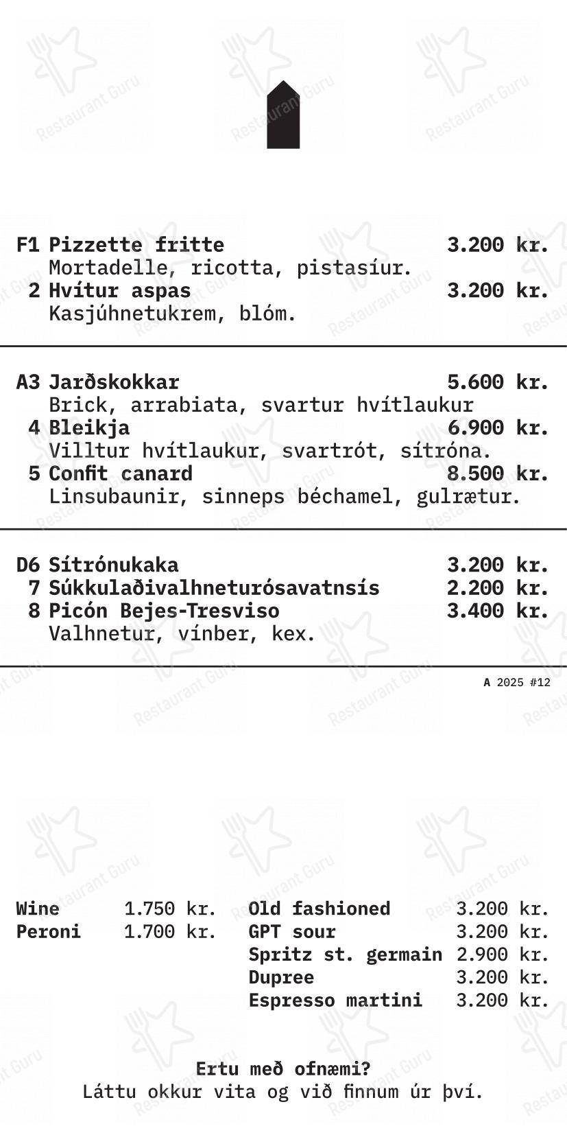 Menu at Hosiló restaurant, Reykjavík