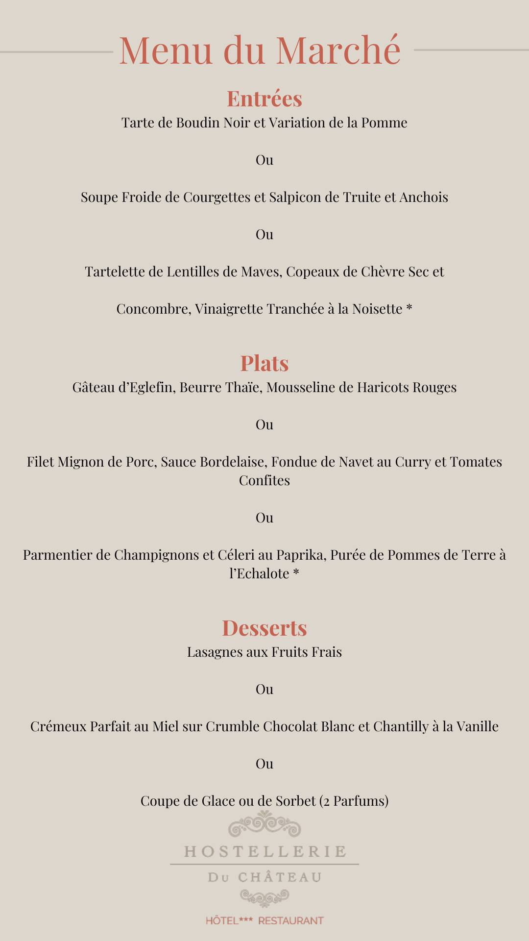 Menu au Hostellerie du Château restaurant, Chaumont-sur-Loire