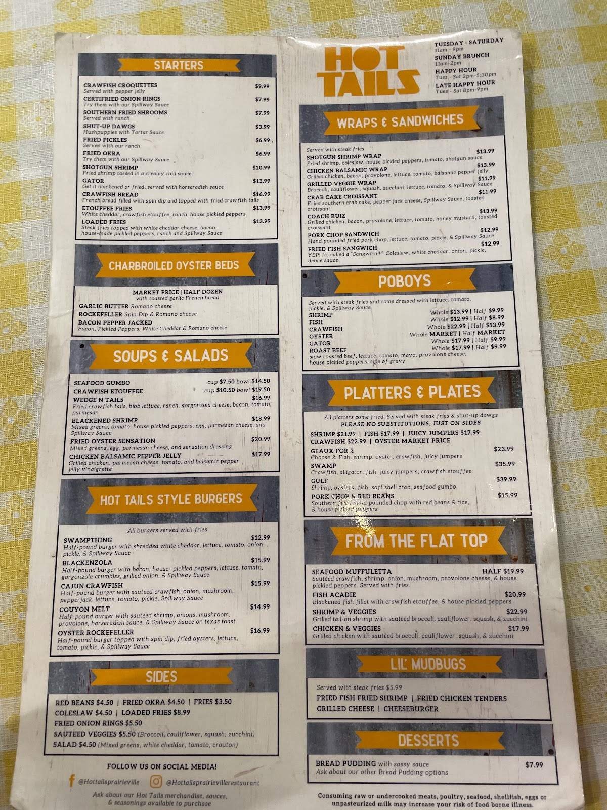 Menu at Hot Tails restaurant, Prairieville