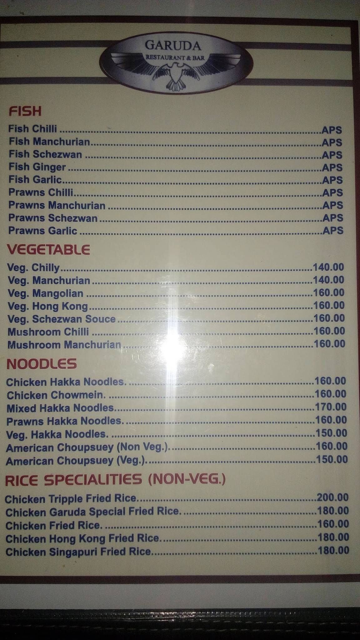Menu at Hotel Garuda, Mumbai, Laxmi Shopping Centre