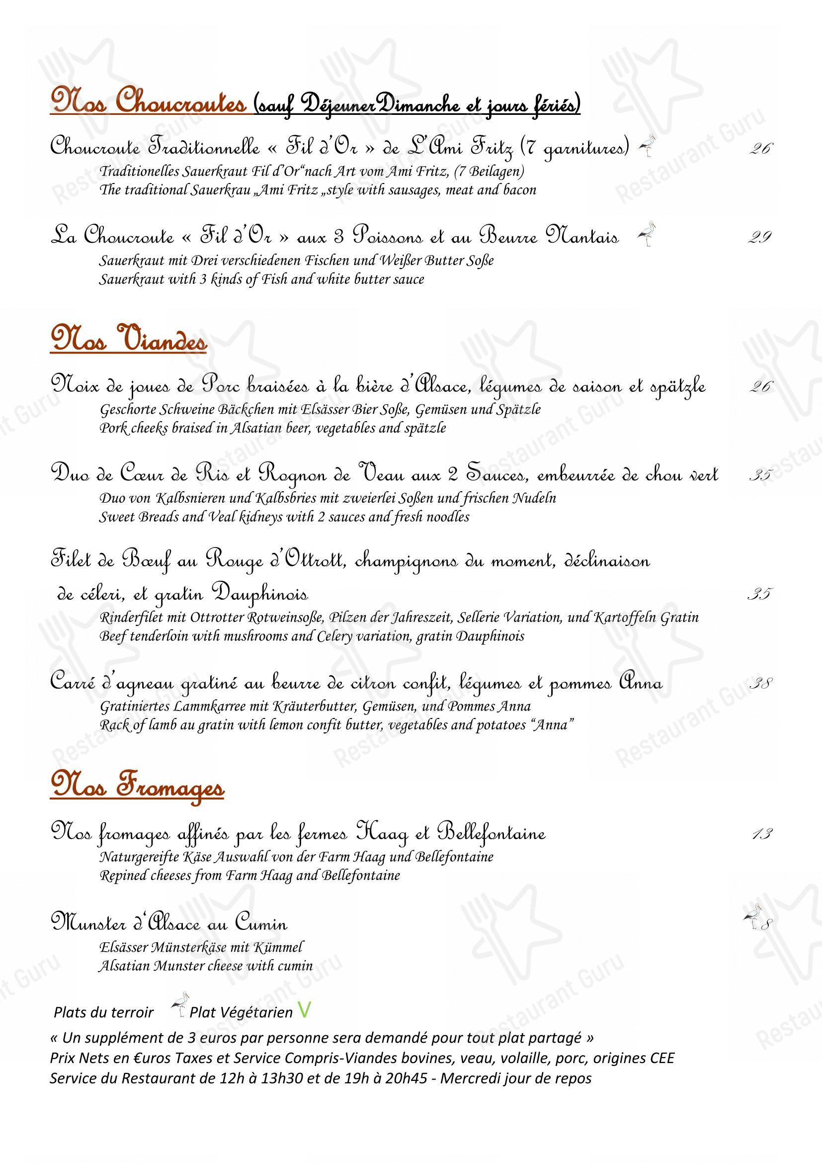 Menu au Hôtel A l'Ami Fritz restaurant, Ottrott