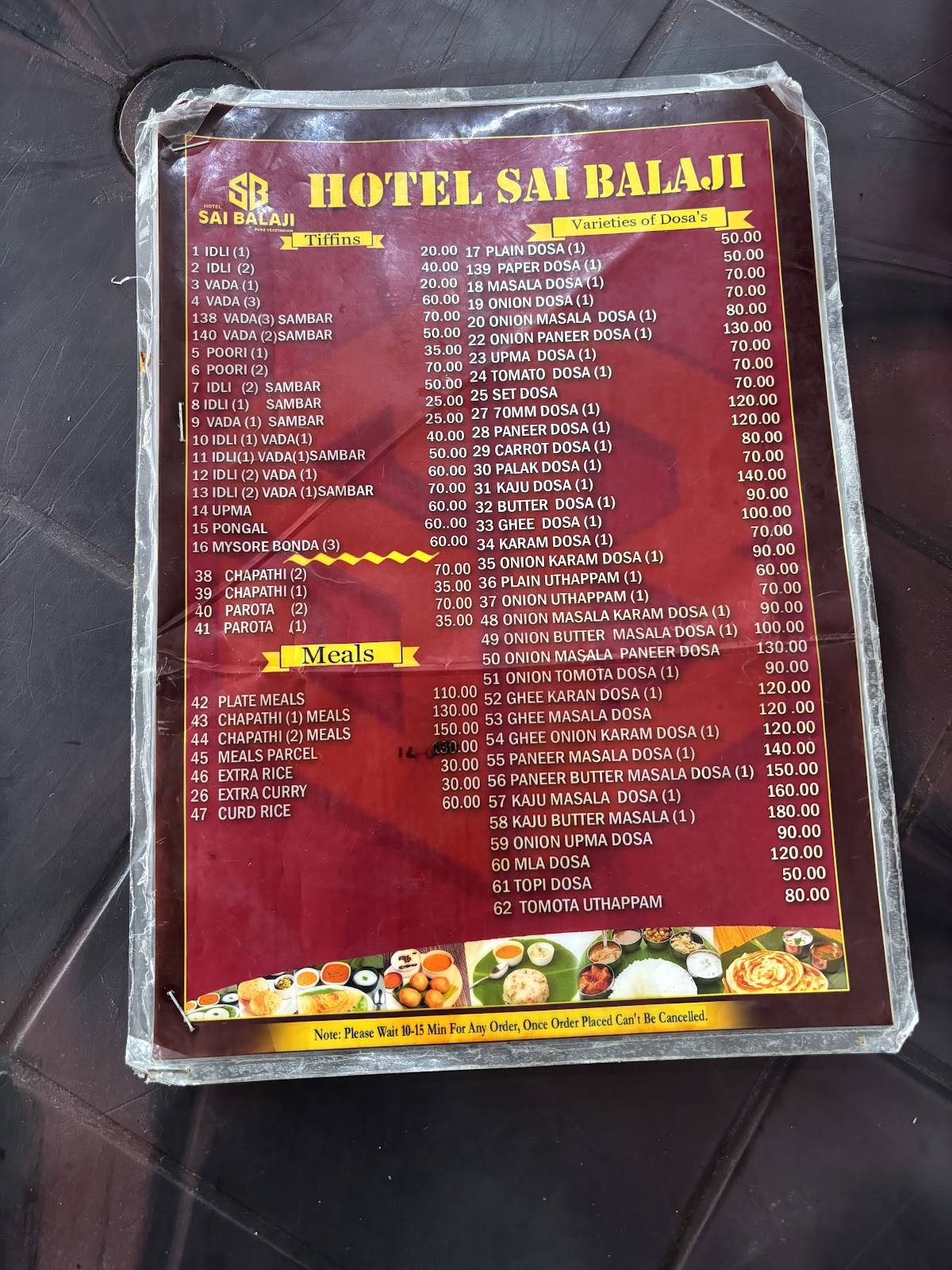 Menu at Hotel Sai Balaji, Srisailam