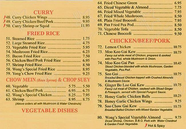 Menu at House of Wong restaurant, Roseville