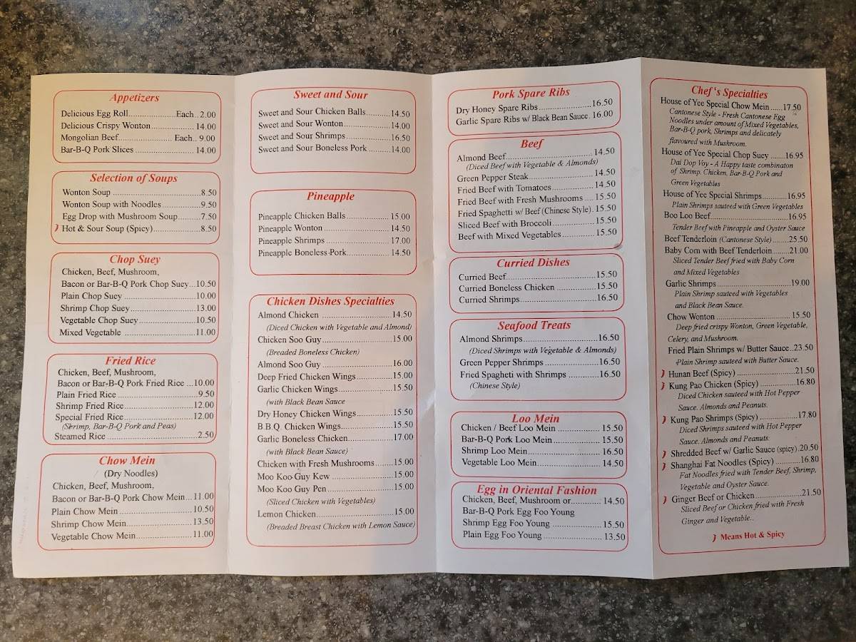 Menu at House Of Yee restaurant, Timmins
