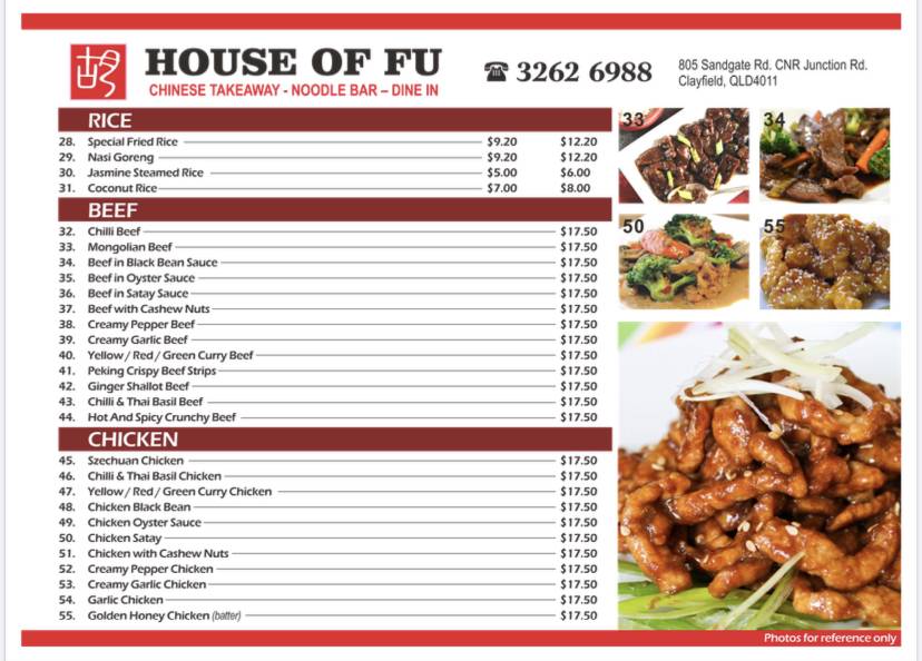 Menu at House of Fu fast food, Clayfield