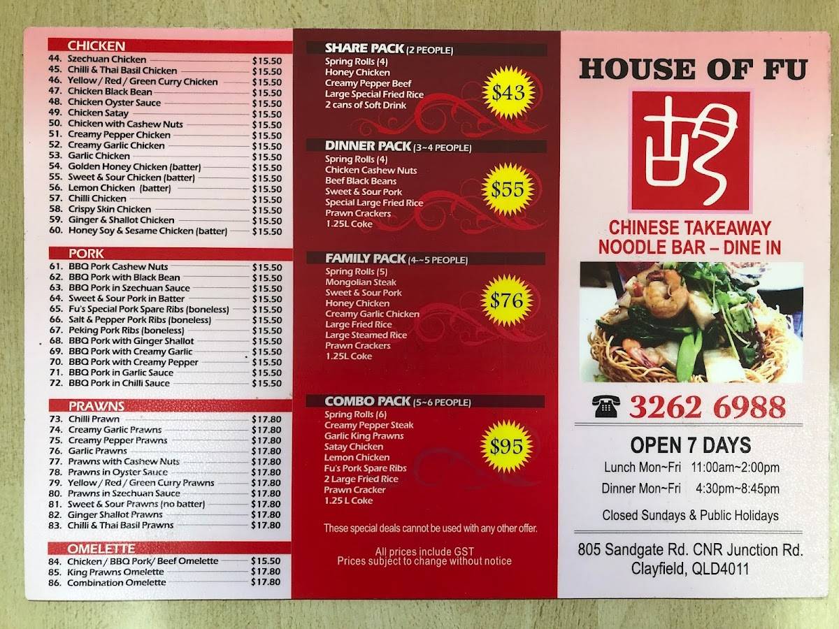 Menu at House of Fu fast food, Clayfield