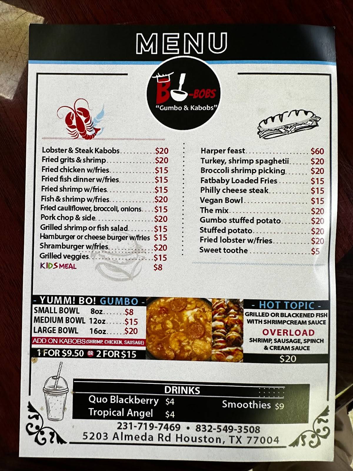 Menu at Bo-bobs restaurant, Houston