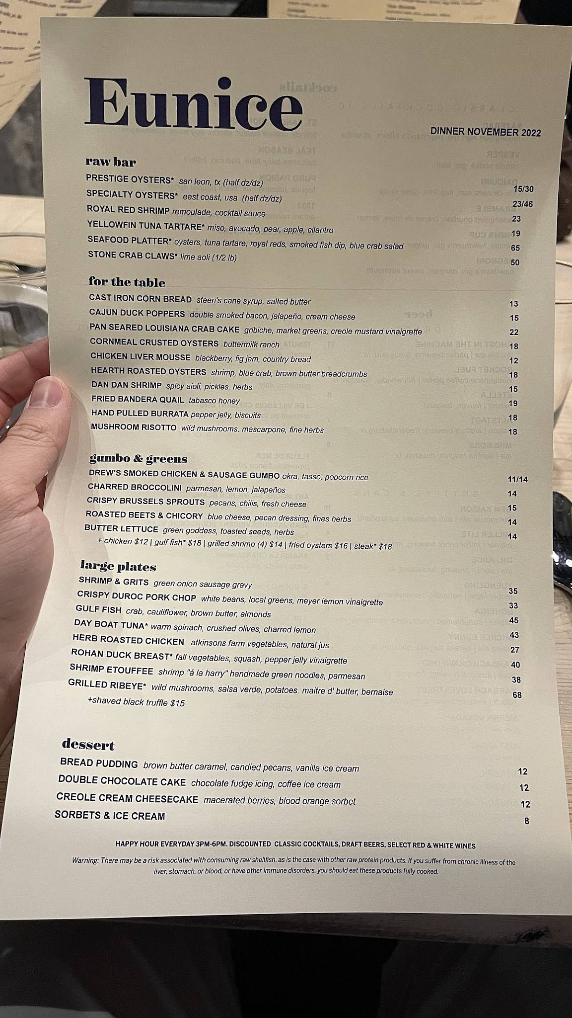 Menu at Eunice restaurant, Houston