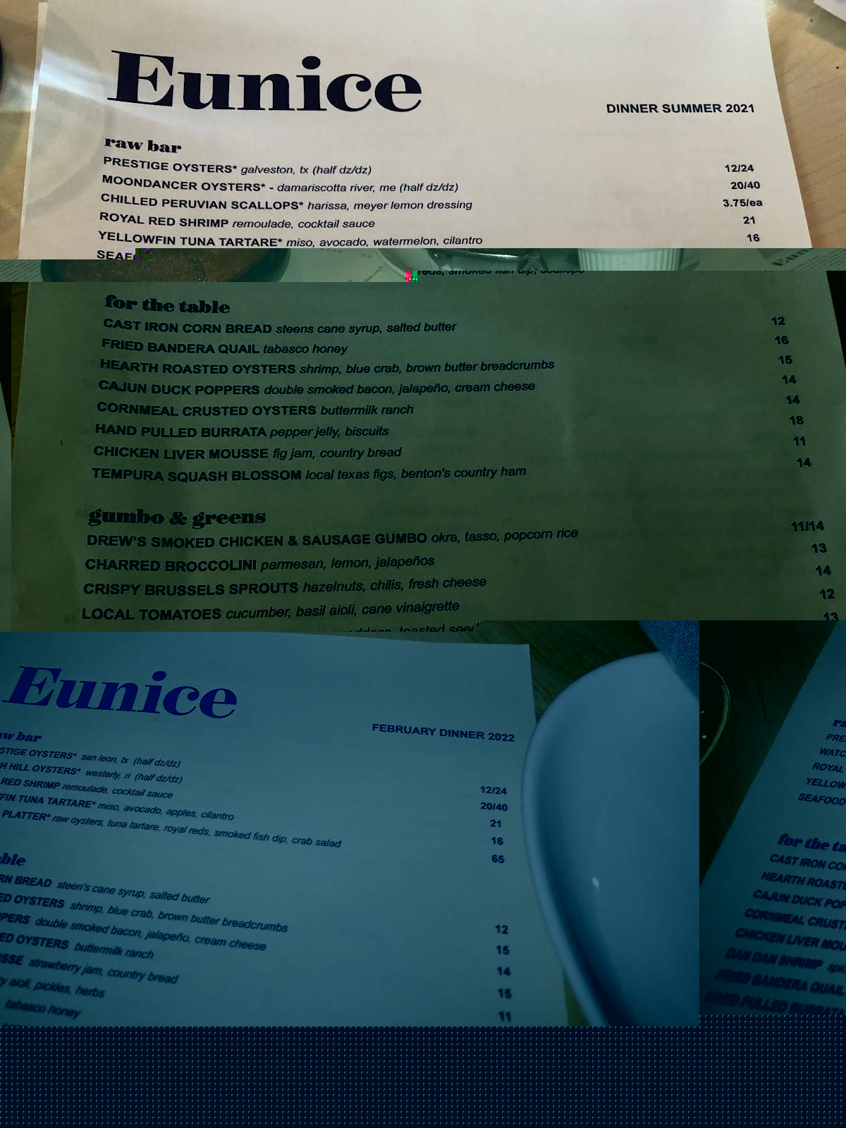 Menu at Eunice restaurant, Houston
