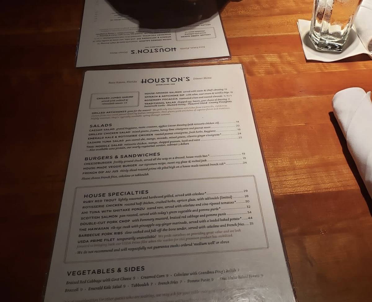Menu at Houston's steakhouse, Boca Raton