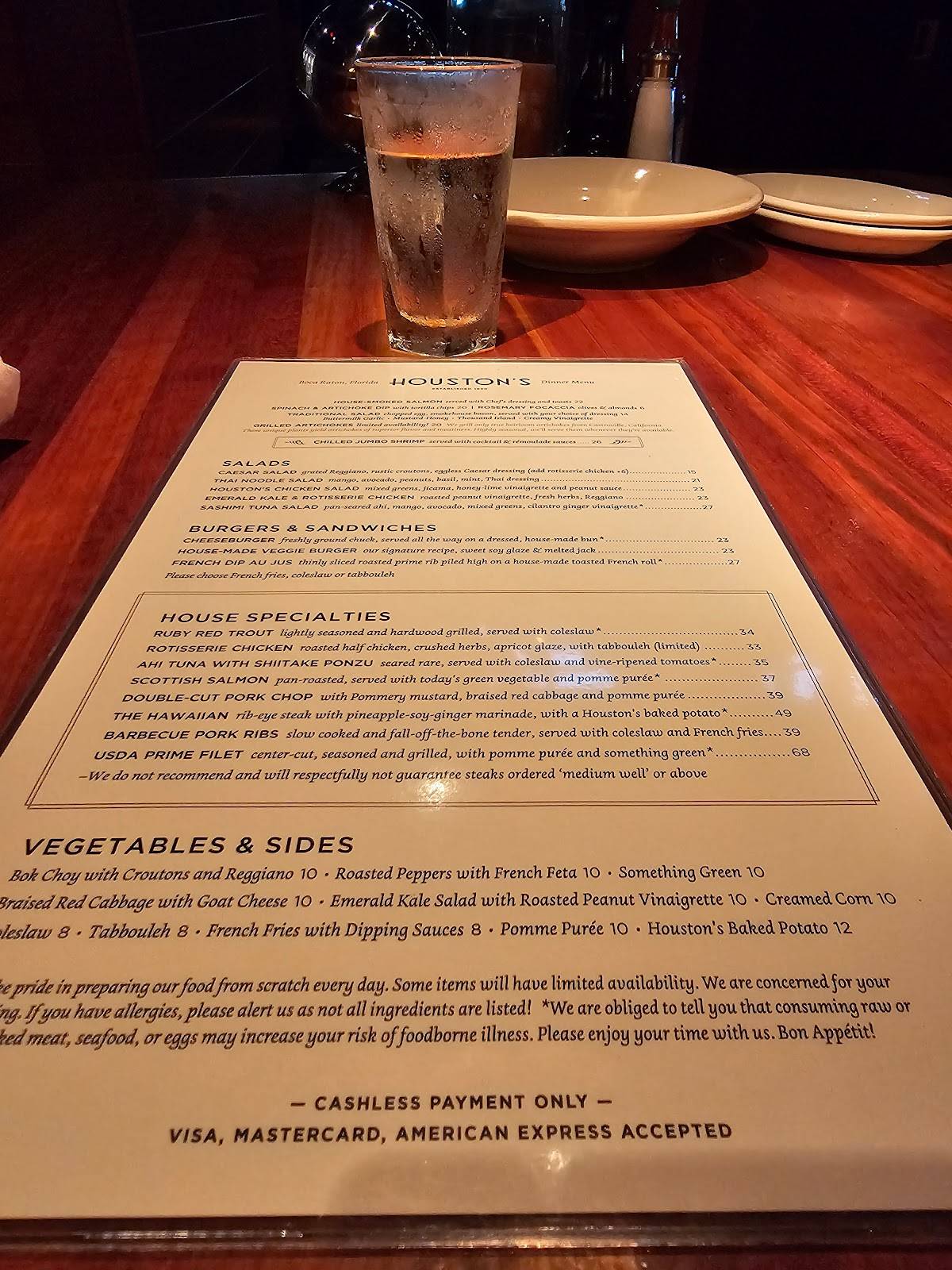 Menu at Houston's steakhouse, Boca Raton