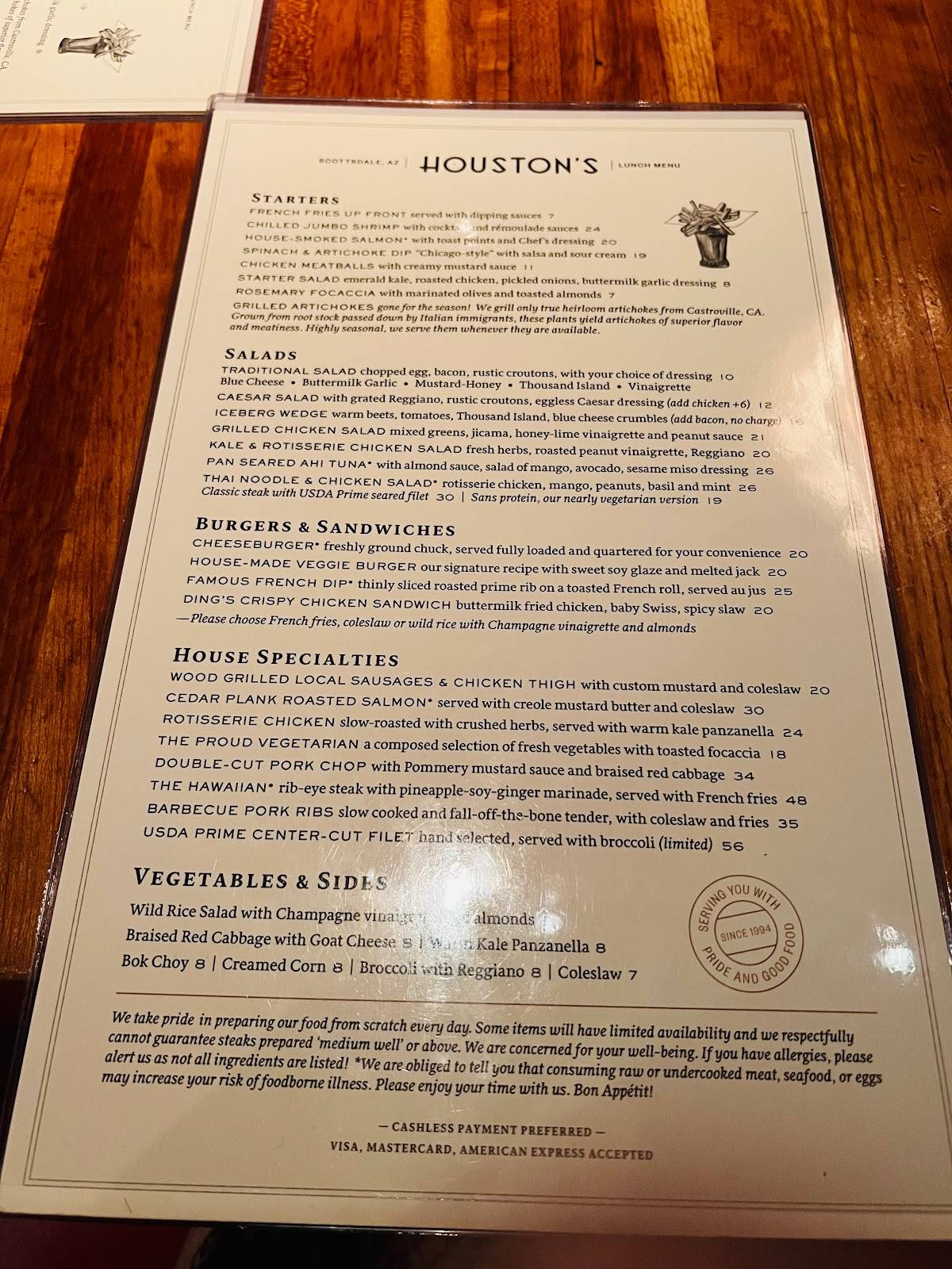 Menu at Houston's steakhouse, Scottsdale