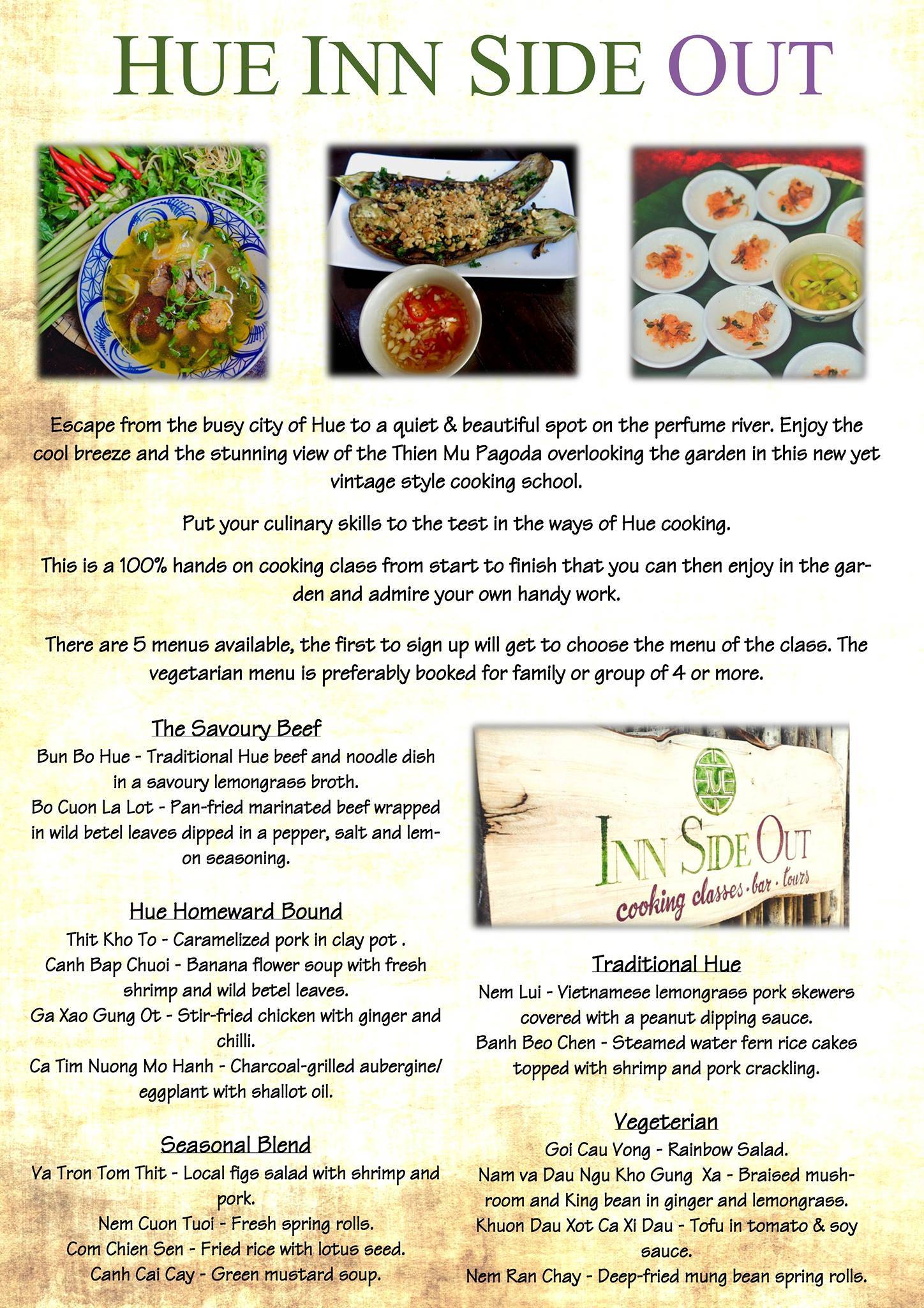 Menu at Hue Cooking Class - Hue Inn Side Out restaurant, Hue