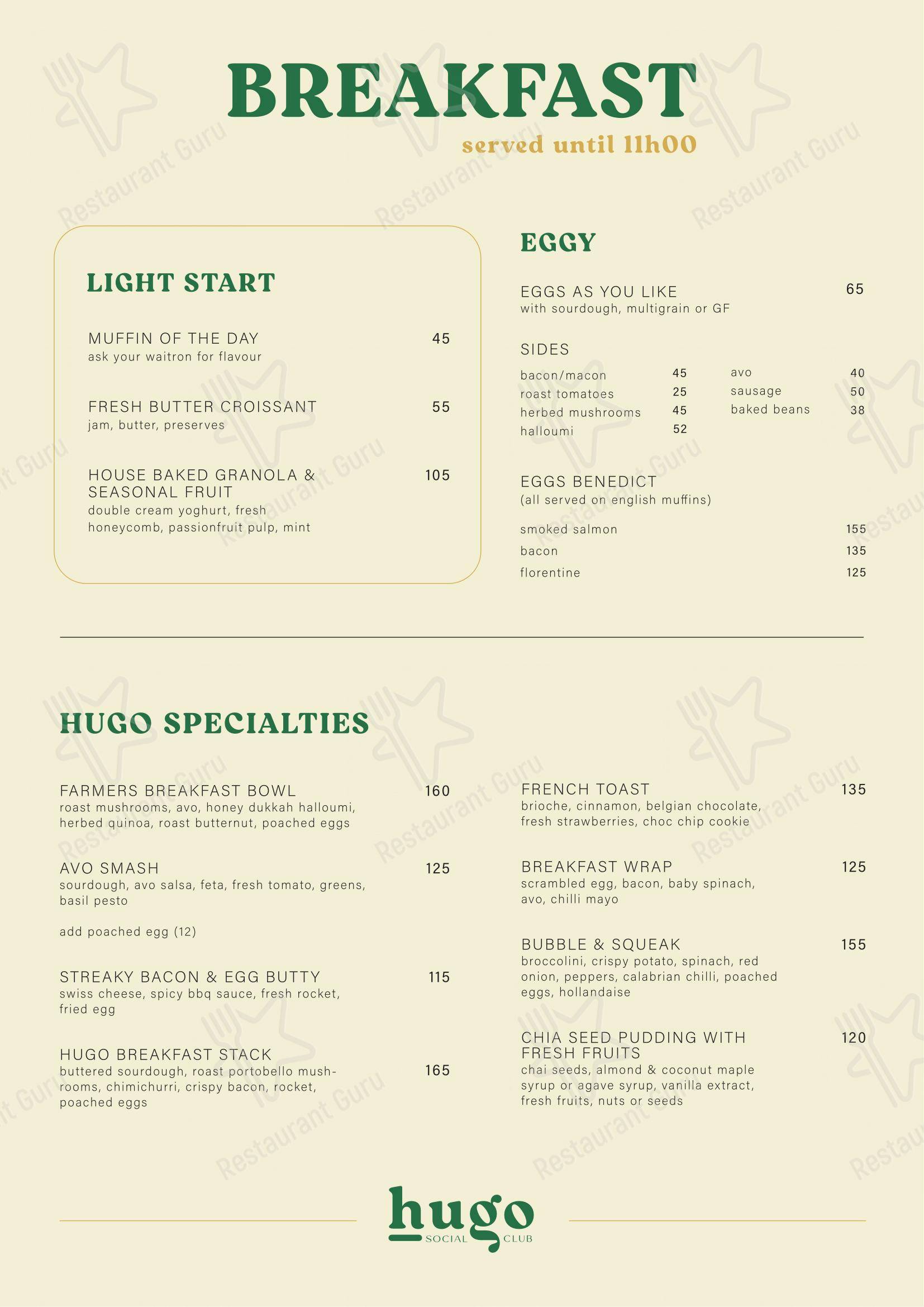 Menu at Hugo Social Club, Cape Town