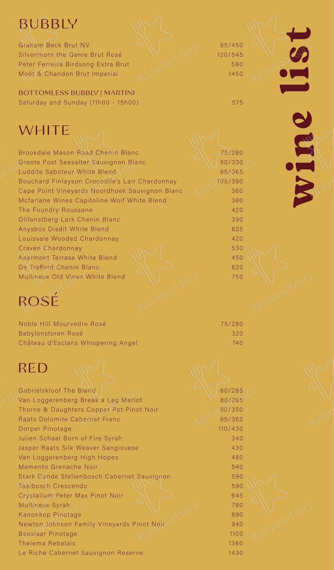 Menu at Hugo Social Club, Cape Town