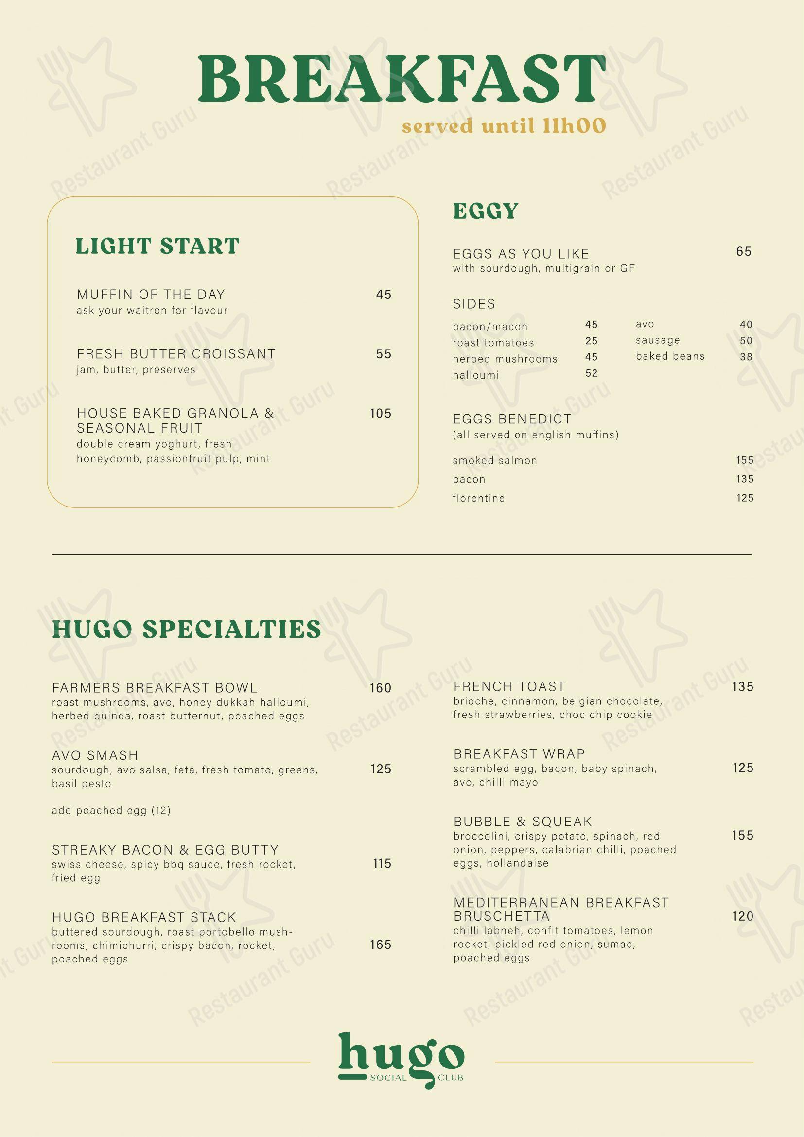 Menu at Hugo Social Club, Cape Town