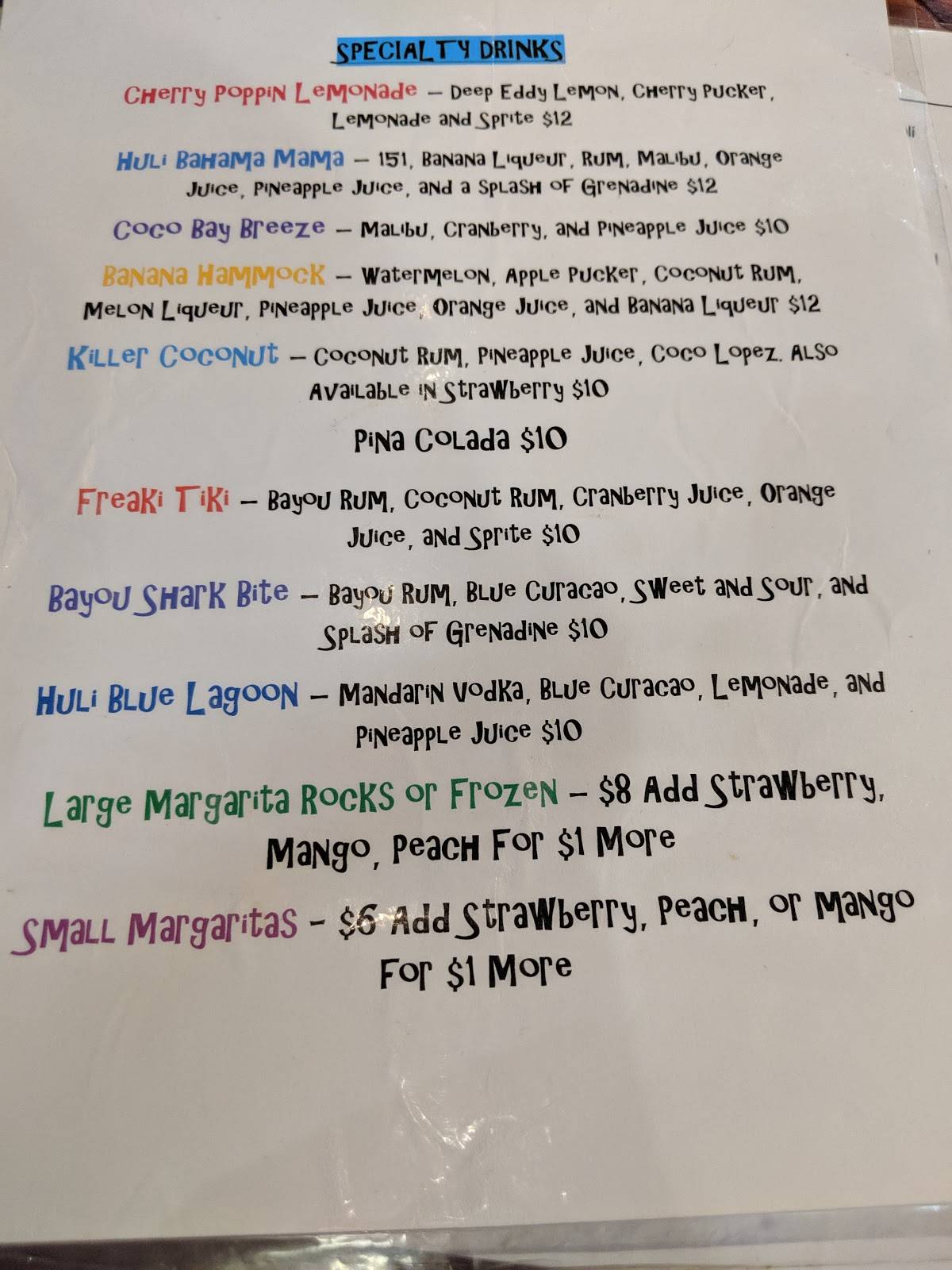 Menu at Huli Huli Hut restaurant, Galveston