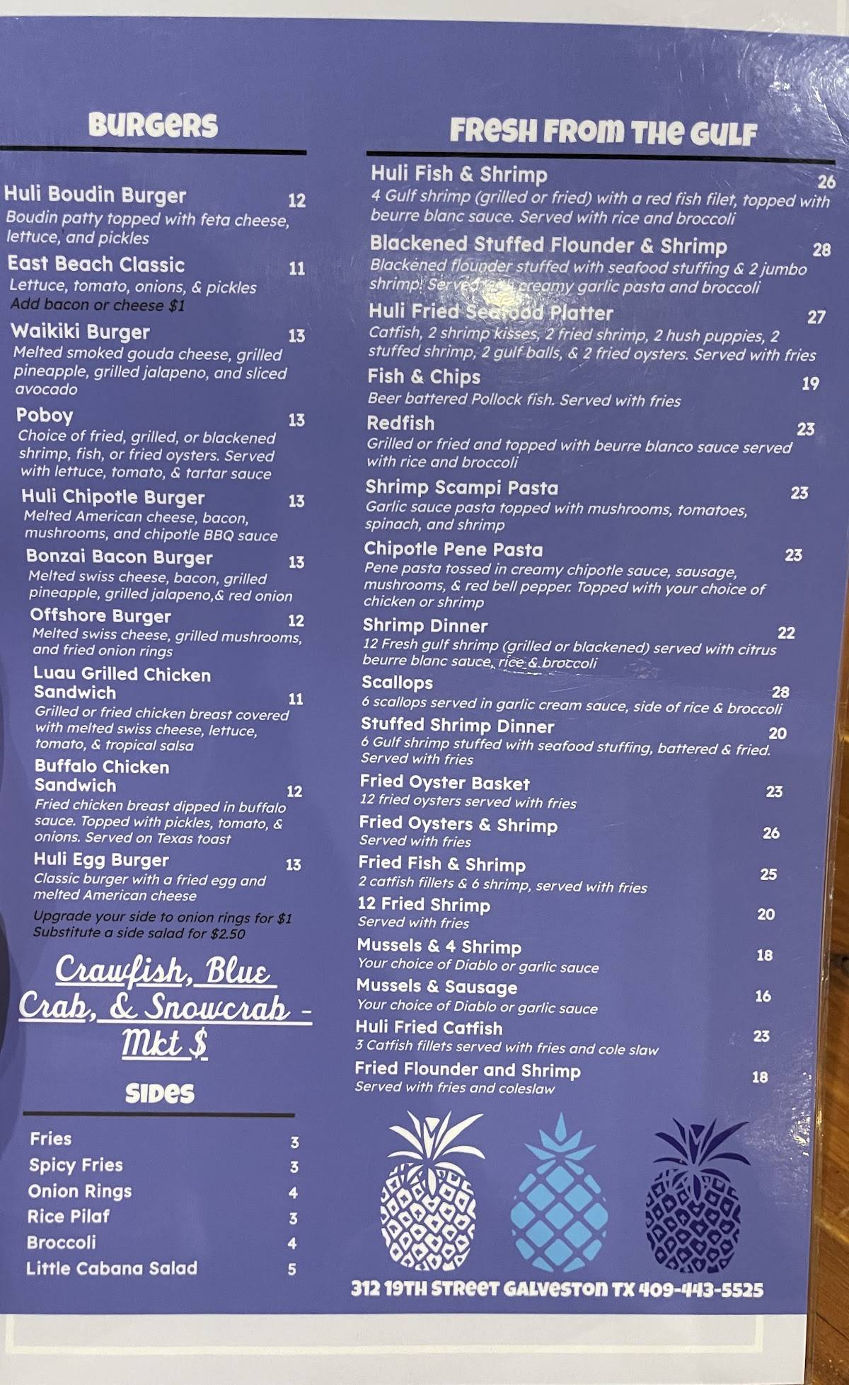 Menu at Huli Huli Hut restaurant, Galveston