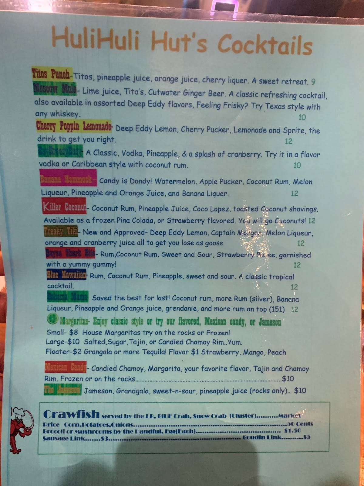 Menu at Huli Huli Hut restaurant, Galveston