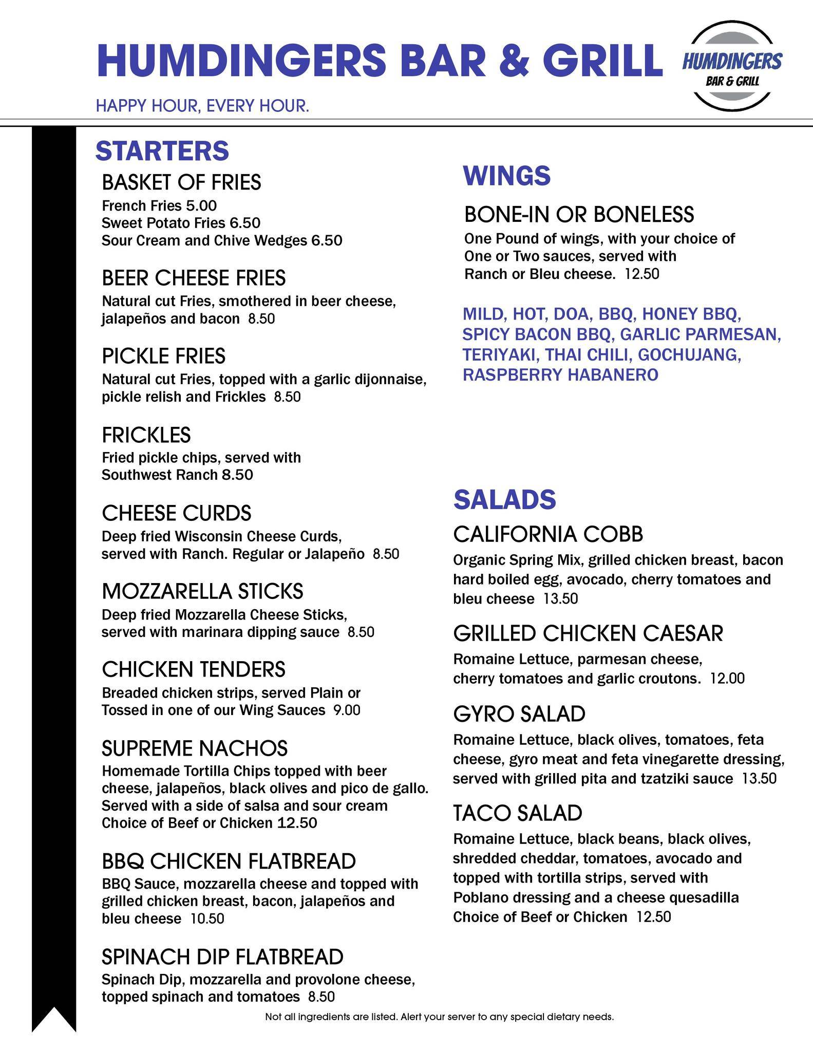 Menu at Humdinger’s Bar & Grill, Merton