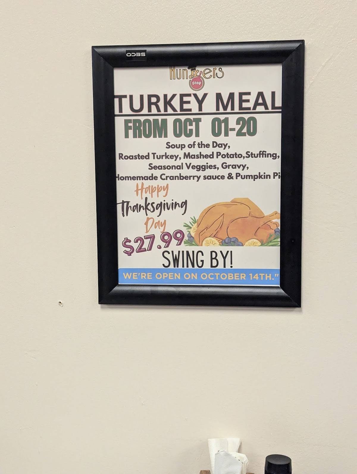 Menu at Hungers Stop restaurant, Calgary