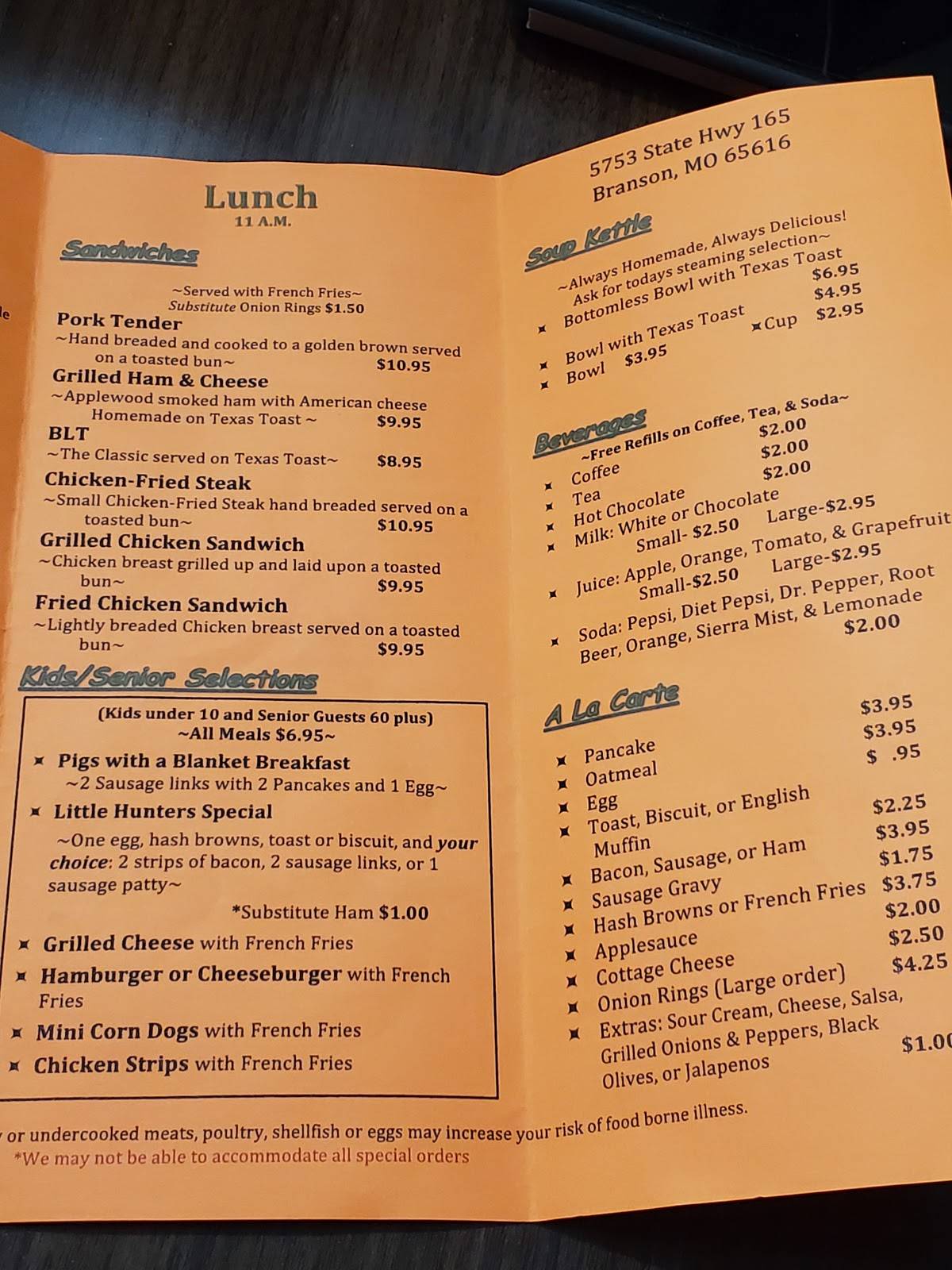 Menu at Hungry Hunter Restaurant, Branson, Historic Hwy 165