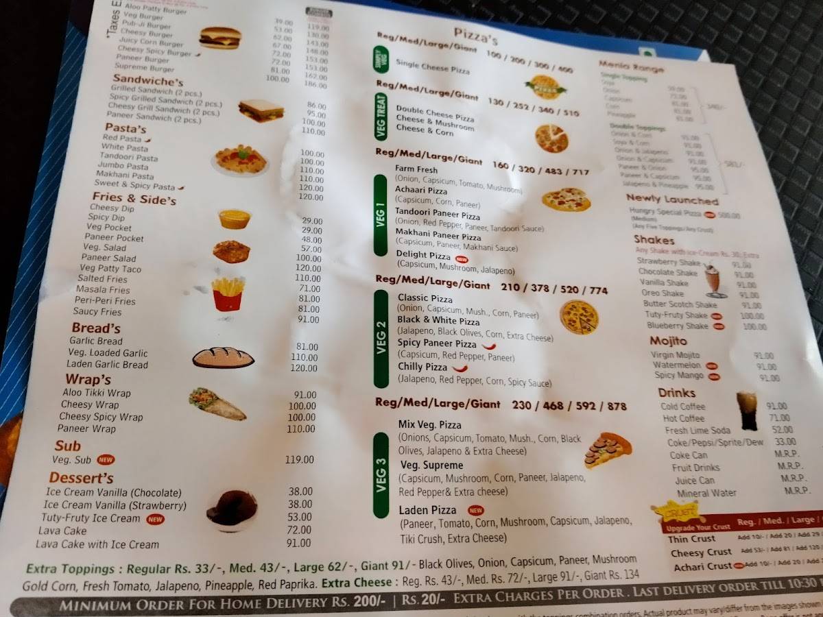 Menu at Hungry Point, Bilaspur