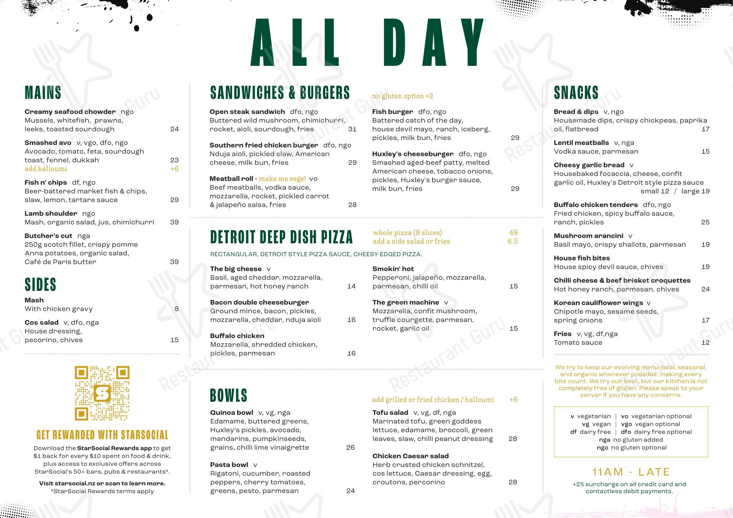 Menu at Huxley's restaurant, Wellington