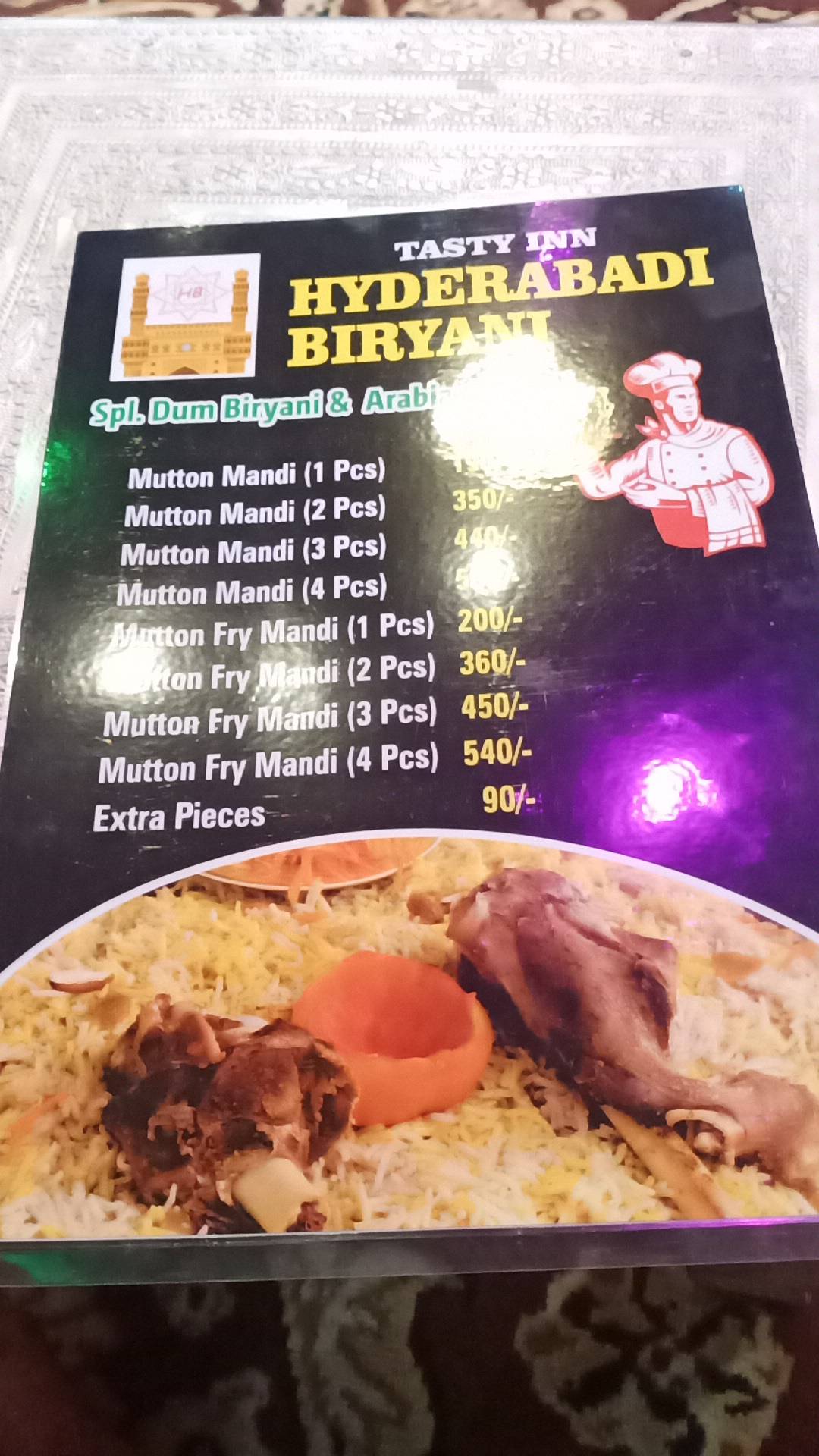 Menu at Hyderabadi Biraniy, Hyderabad