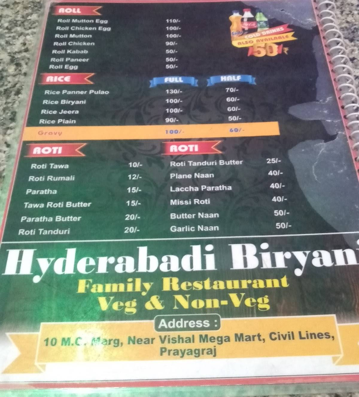 Menu at Hyderabadi Biryani, Allahabad, 31/1