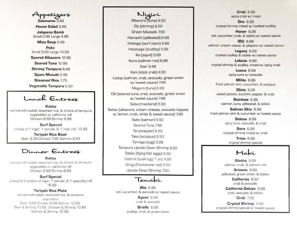 Menu at IOU Sushi restaurant, Boise, N Milwaukee St