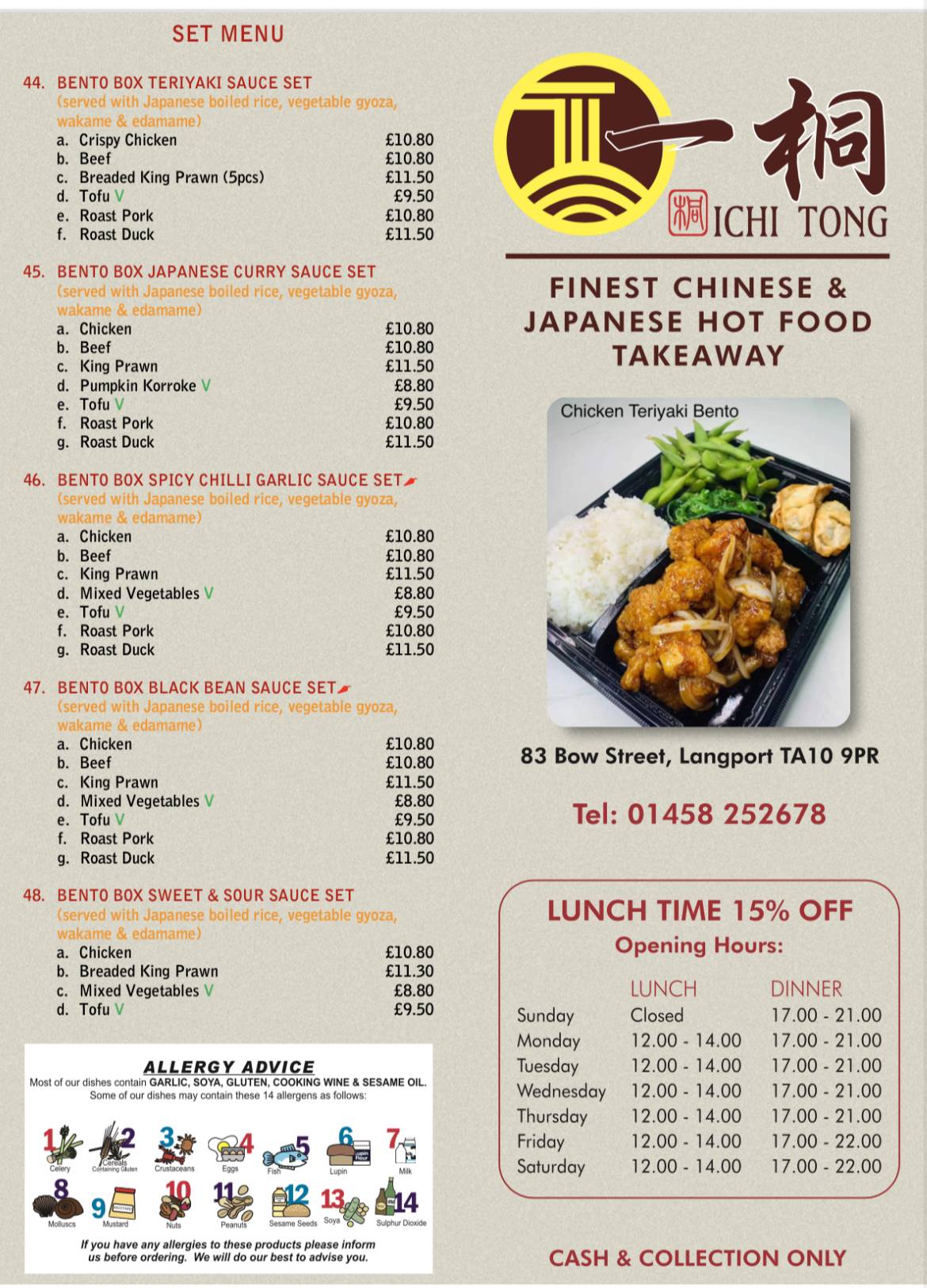 Menu at Ichi Tong fast food, Langport