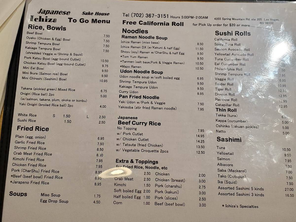 Menu at Ichiza Original restaurant, Las Vegas