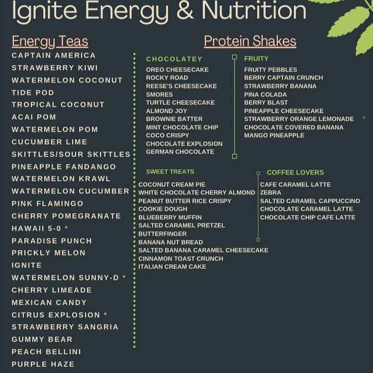 Menu at Ignite Energy & Nutrition pub & bar, Claude
